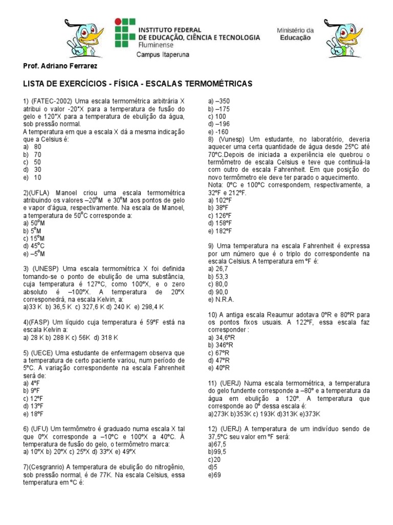 Lista de exercícios sobre escalas termométricas com questões sobre ...