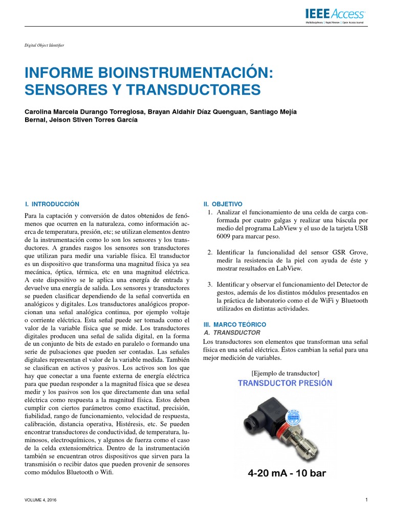 Informe Bioinstrumentacion Sensores y Transductores | PDF | Adquisición de datos | Sensor