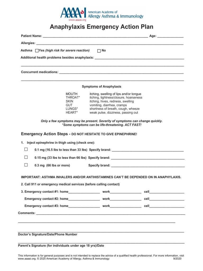 Anaphylaxis Emergency Action Plan | PDF | Allergy | Medical Specialties