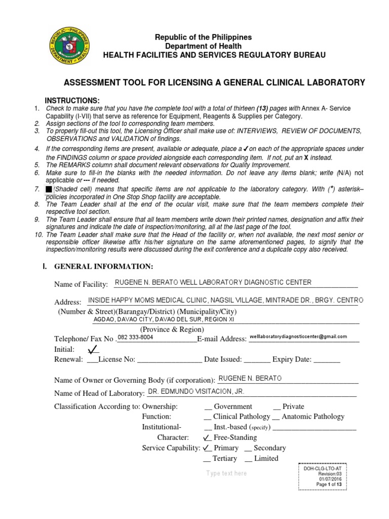 Assessment Tool For Licensing A General Clinical Laboratory Pdf