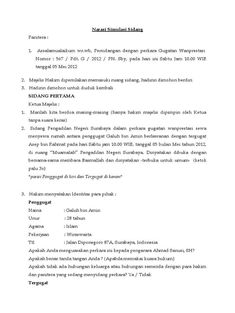 Simulasi Sidang Wanprestasi PN Surabaya | PDF | Hukum