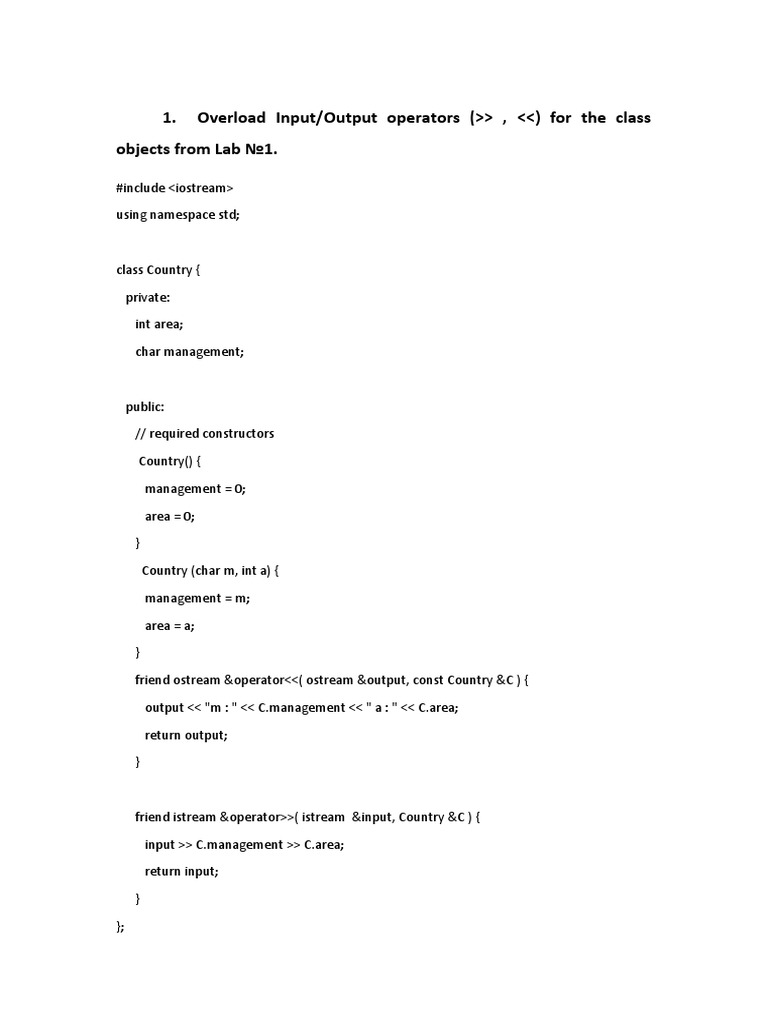 Overload Input/Output Operators (, ) For The Class Objects From Lab 1 ... Overload Input/Output Operators (, ) For The Class Objects From Lab 1 ...