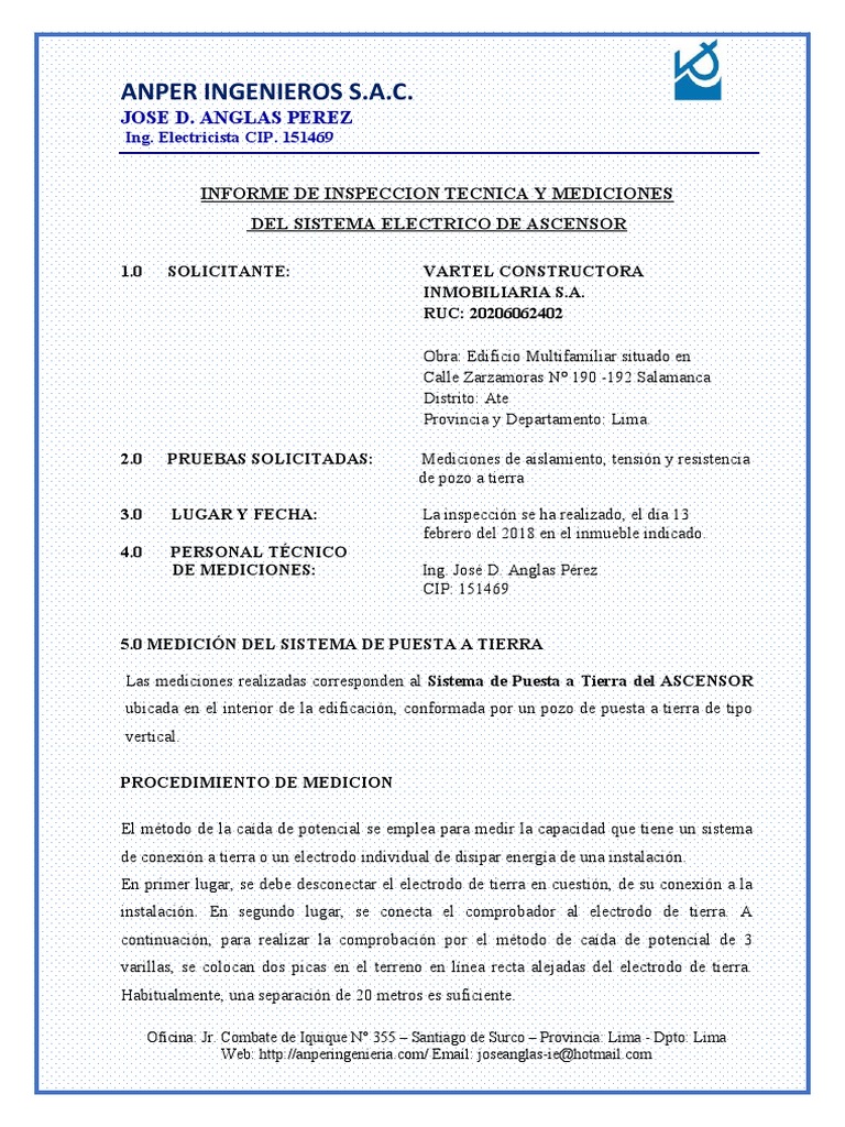 Informe de Mediciones de Sistema de Ascensor | PDF | Resistencia Eléctrica y Conductancia | Ascensor
