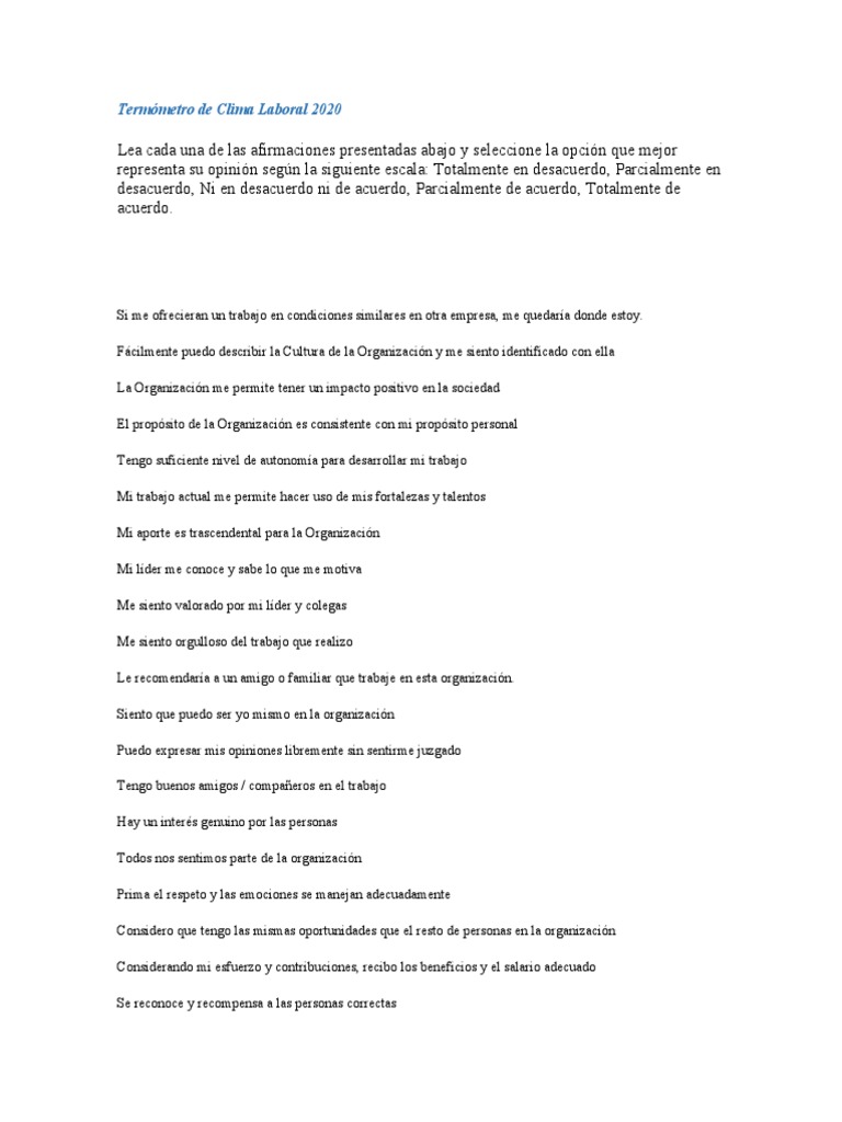 Termómetro de Clima Laboral 2020 | PDF | Aprendizaje | Cognición