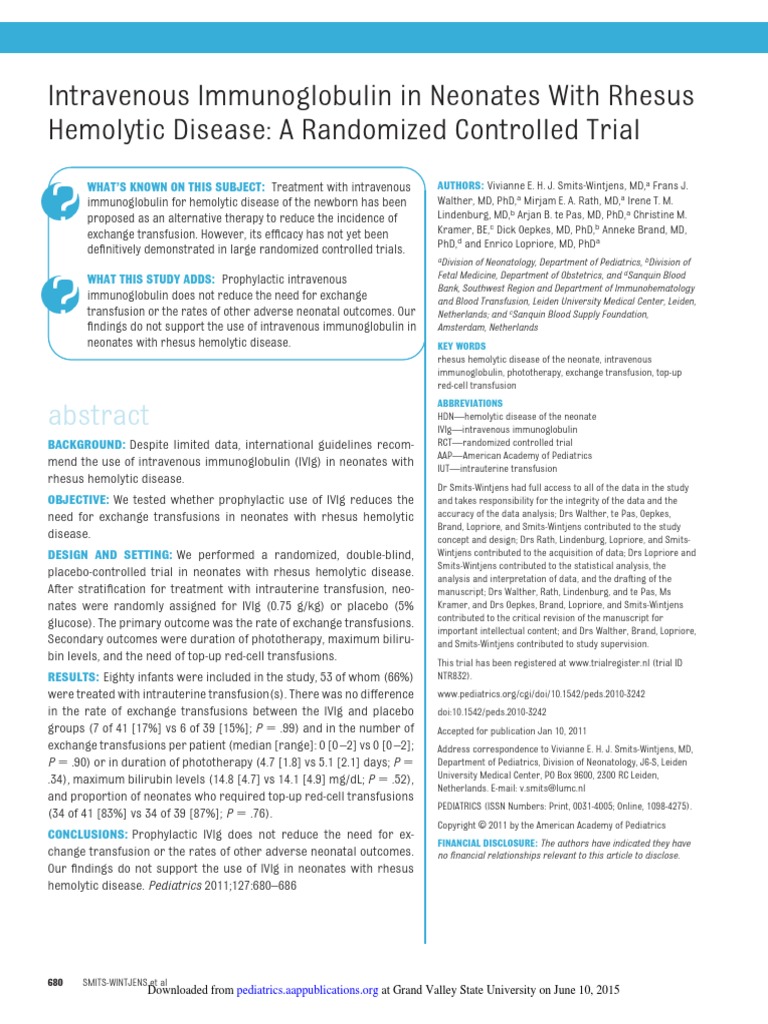 Intravenous Immunoglobulin in Neonates With Rhesus | PDF | Blood ...