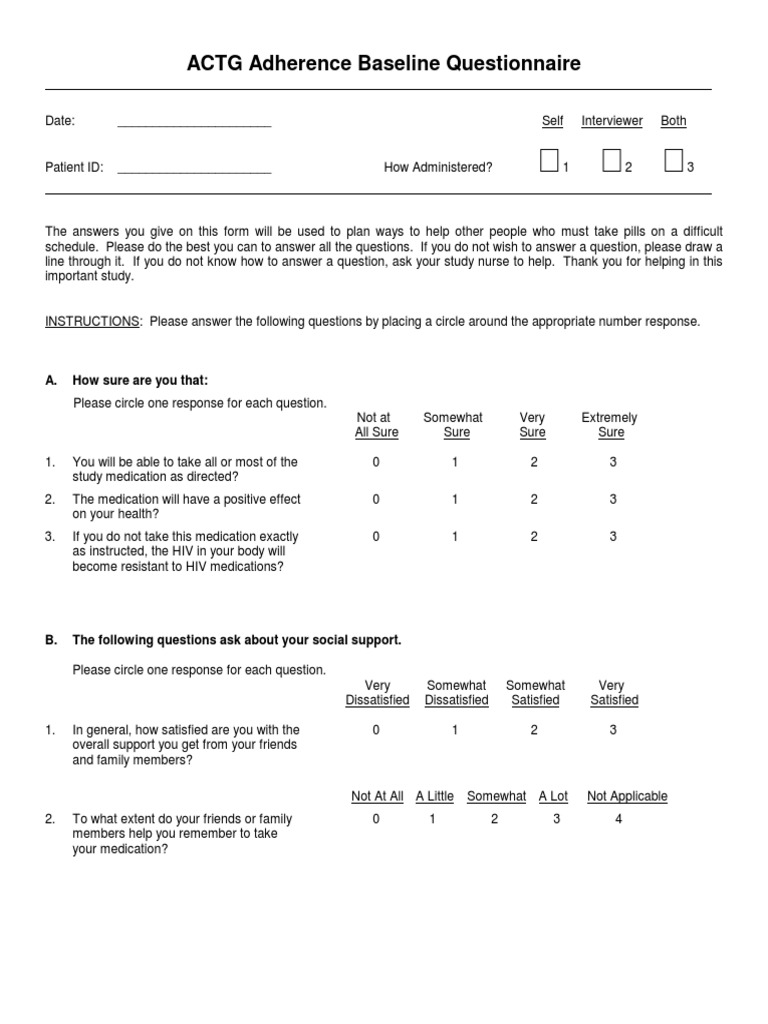 ACTG Adherence Baseline Questionnaire | PDF | Drink | Alcoholic Drinks