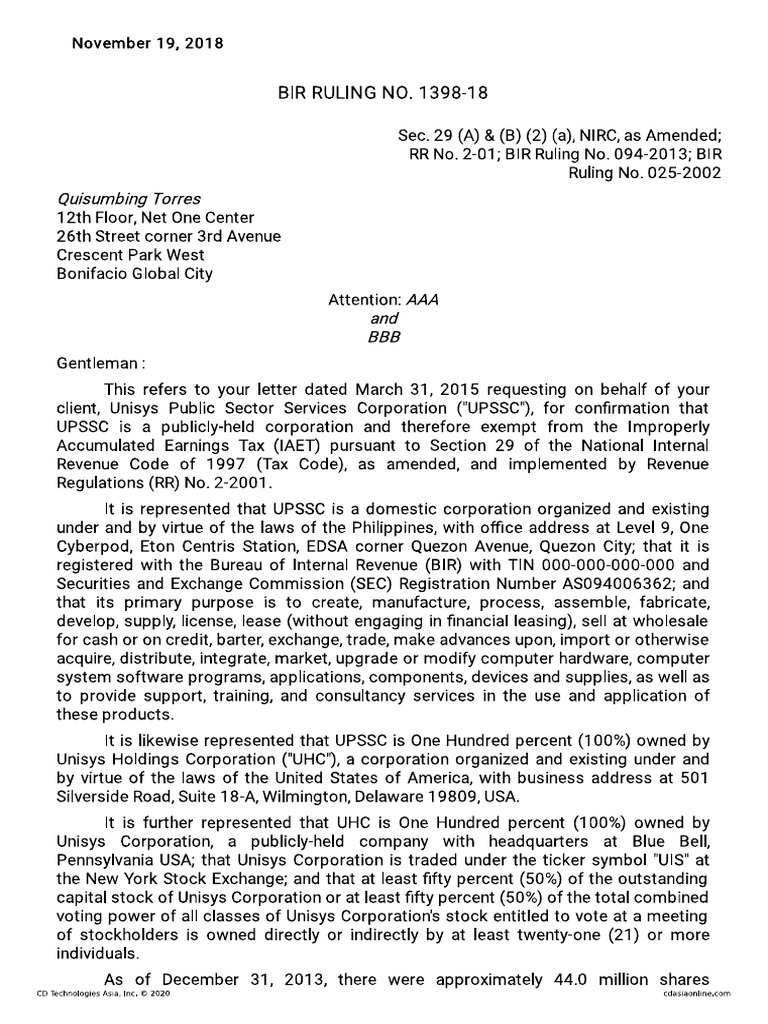 BIR Ruling No. 1398-18 PDF | PDF