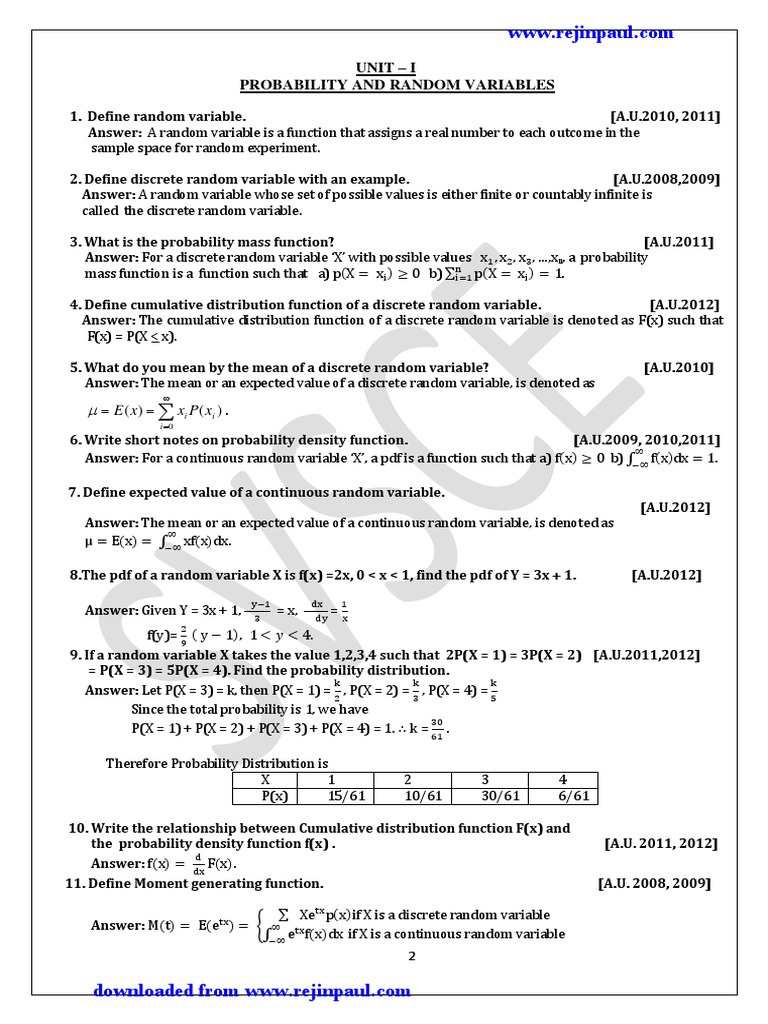 MA8402 - PQT - 2 Marks With Answers | PDF | Correlation And Dependence | Probability Distribution