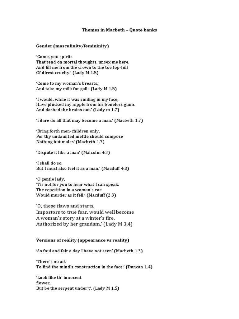 Themes in Macbeth - Quote Banks | PDF | Macbeth | Shakespearean Tragedies