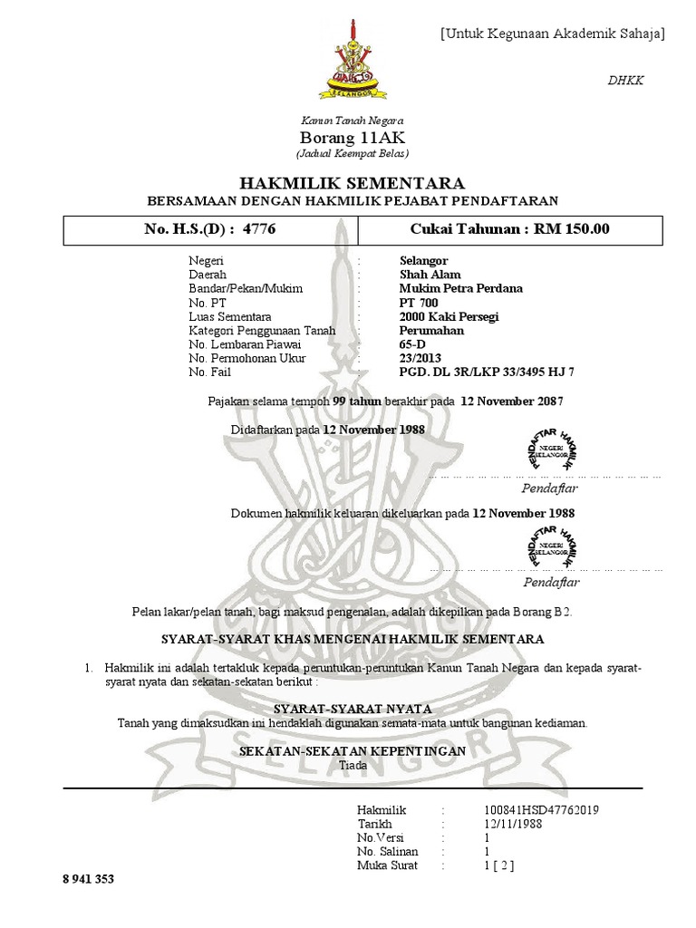 Contoh Geran Tanah | PDF