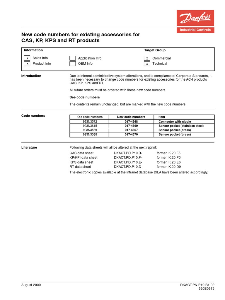 New Code Numbers For Existing Accessories For CAS, KP, KPS and RT ...