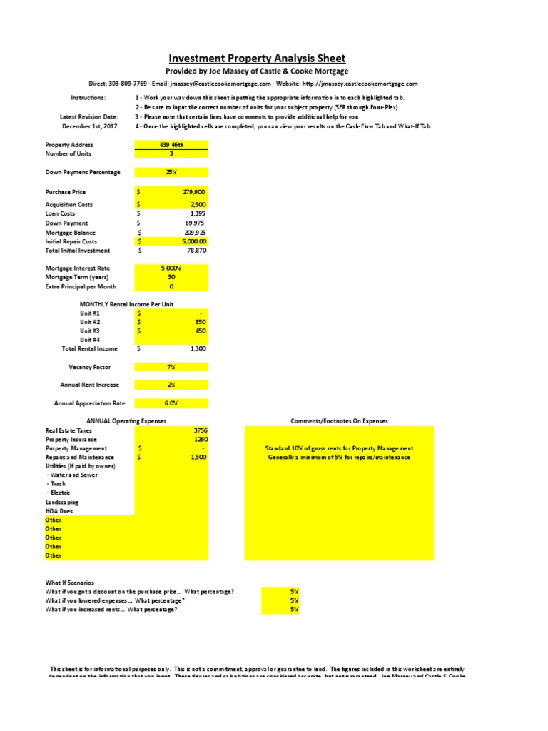 Investment Property Analysis Sheet: Provided by Joe Massey of Castle ...