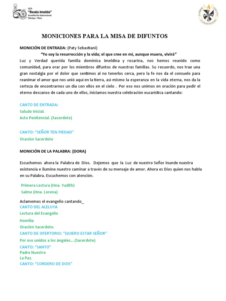 MONICIÓN DE MISA DE DIFUNTOS BI-Rosario | PDF | Misa (liturgia ...