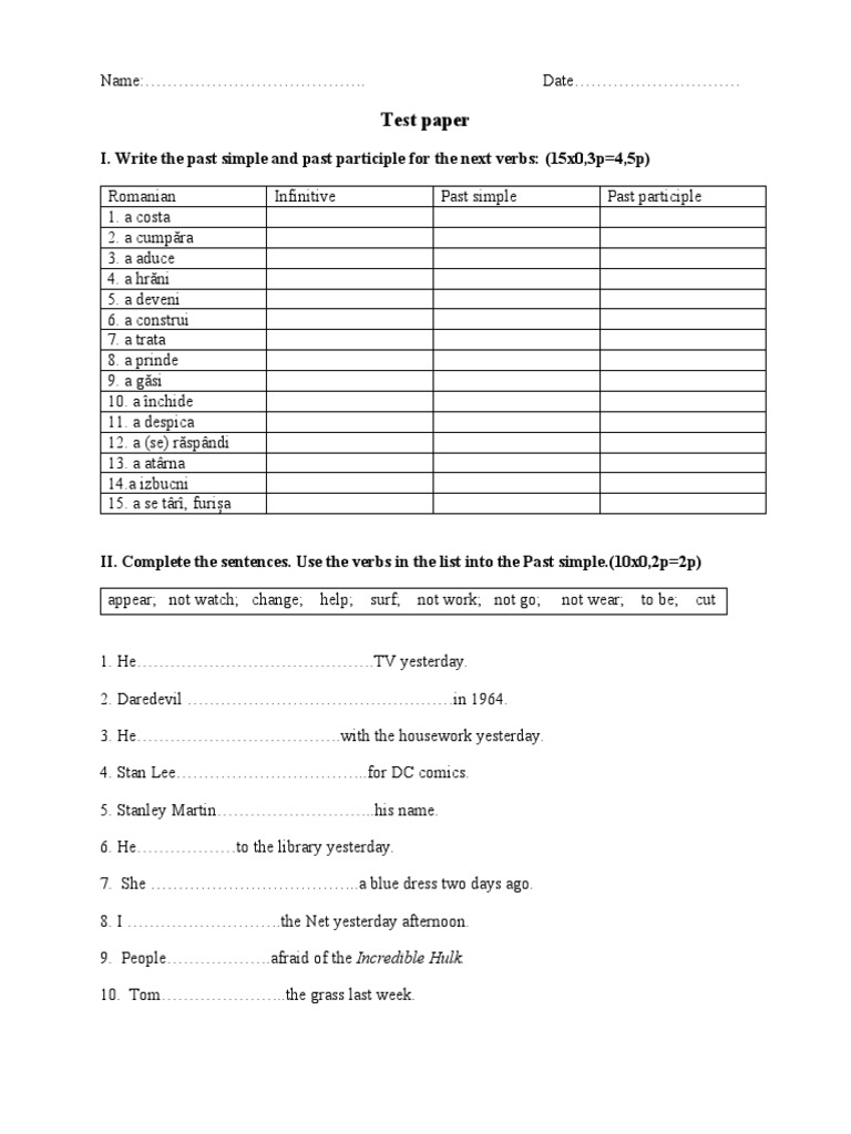Test Paper: I. Write The Past Simple and Past Participle For The Next ...