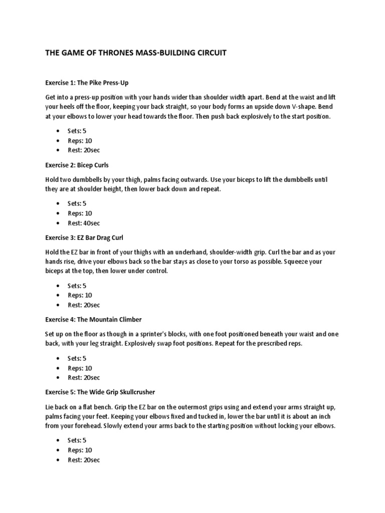 Game of Thrones Mass-Building Workout | PDF | Self-Improvement | Wellness