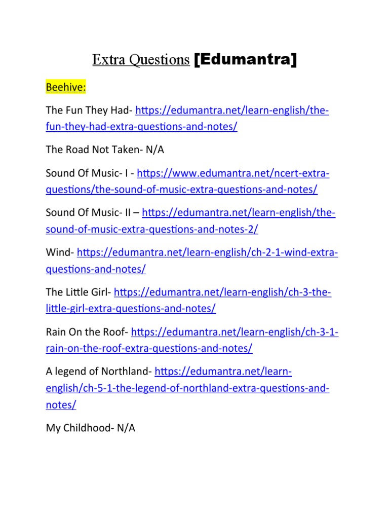 Extra Questions (Edumantra) : Beehive: The Fun They Had | PDF