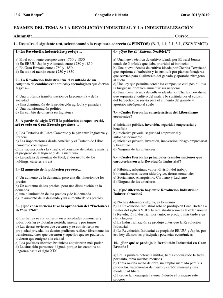 Examen sobre la Revolución Industrial | PDF | Revolución industrial ...
