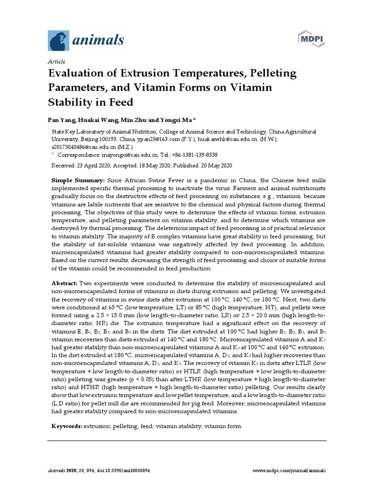 Evaluation of Extrusion Temperatures, Pelleting Parameters, and Vitamin ...