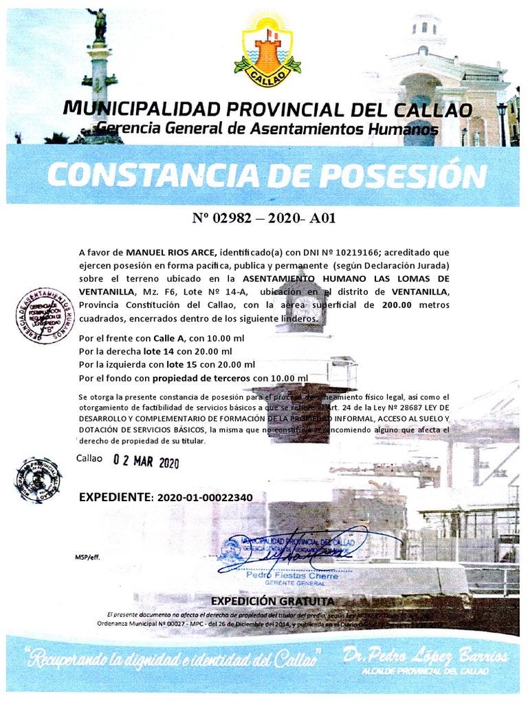 Constancia de Posesion Ventanilla Callao | PDF