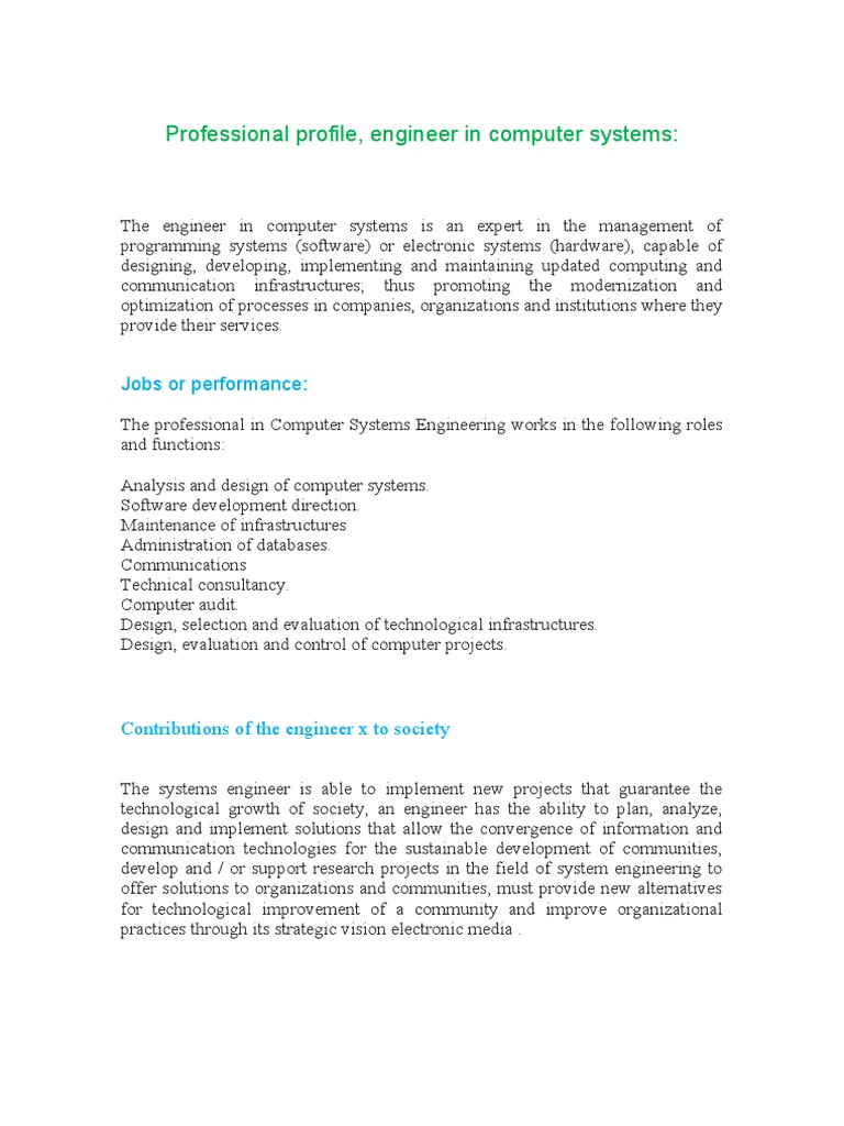Professional Profile, Engineer in Computer Systems:: Jobs or ...