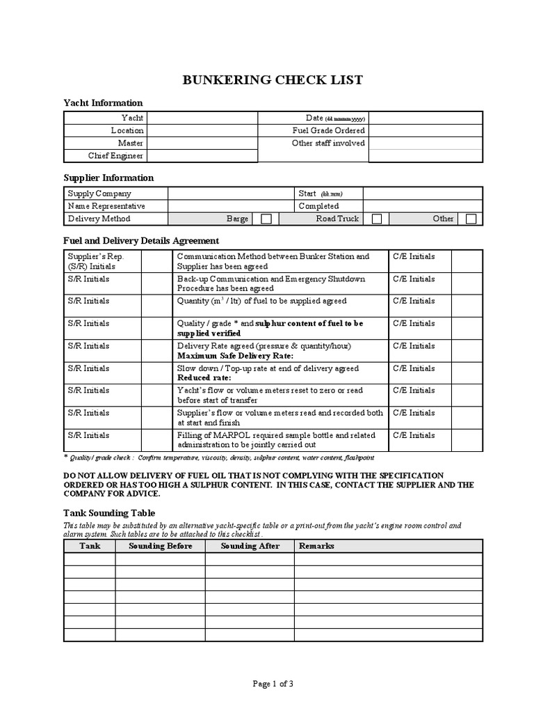 Bunkering Check List: Yacht Information | PDF | Fuel Oil | Valve
