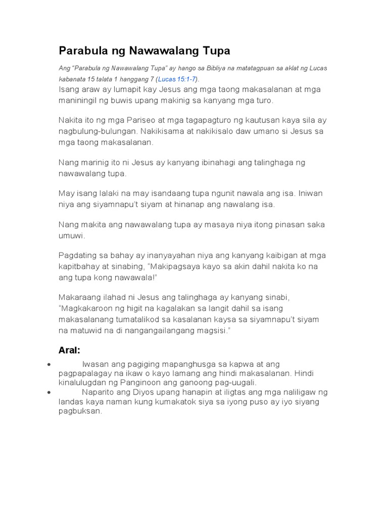 Parabula NG Nawawalang Tupa | PDF
