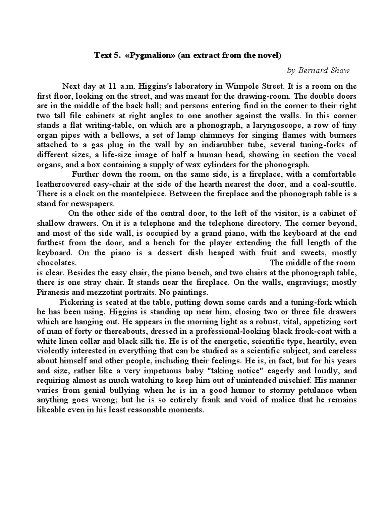 Text 5. Pygmalion (An Extract From The Novel) by Bernard Shaw | PDF ...