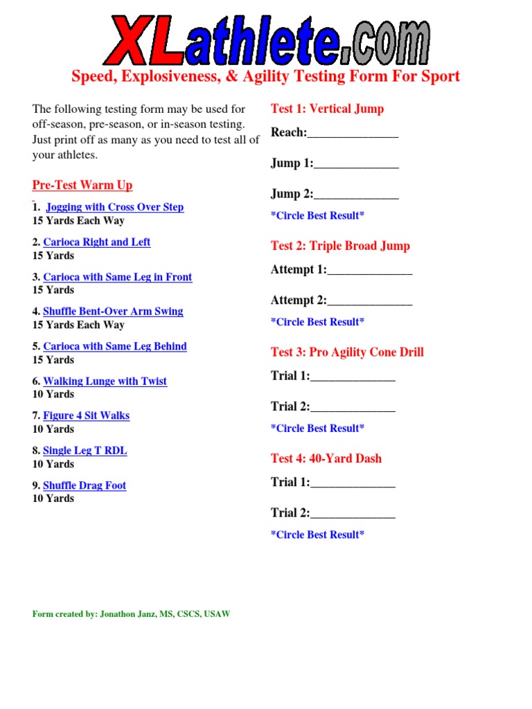 Drill - Sheet - Speed, Agility, & Explosiveness Testing For Sport ...