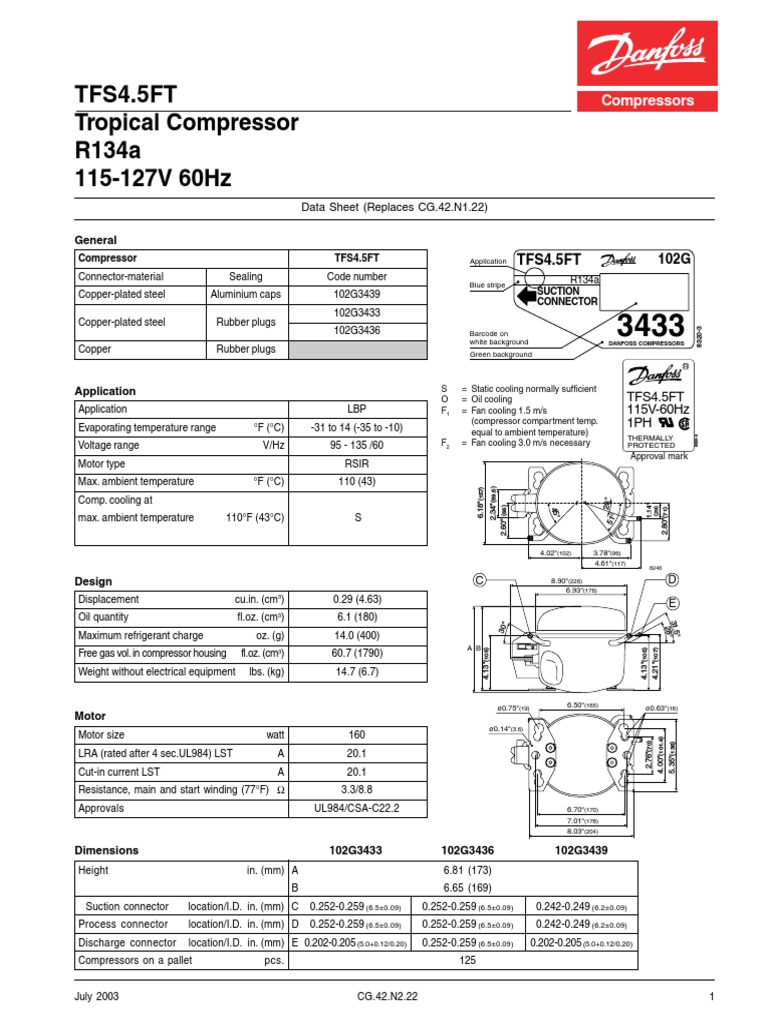TFS4.5FT Tropical Compressor R134a 115-127V 60Hz: Compressors | PDF ...