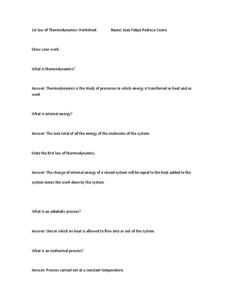 1st Law of Thermodynamics Worksheet | PDF
