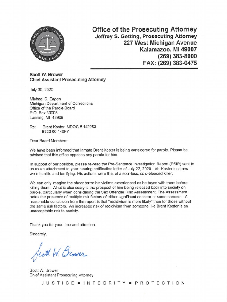 Letter To Parole Board Brent Koster | PDF