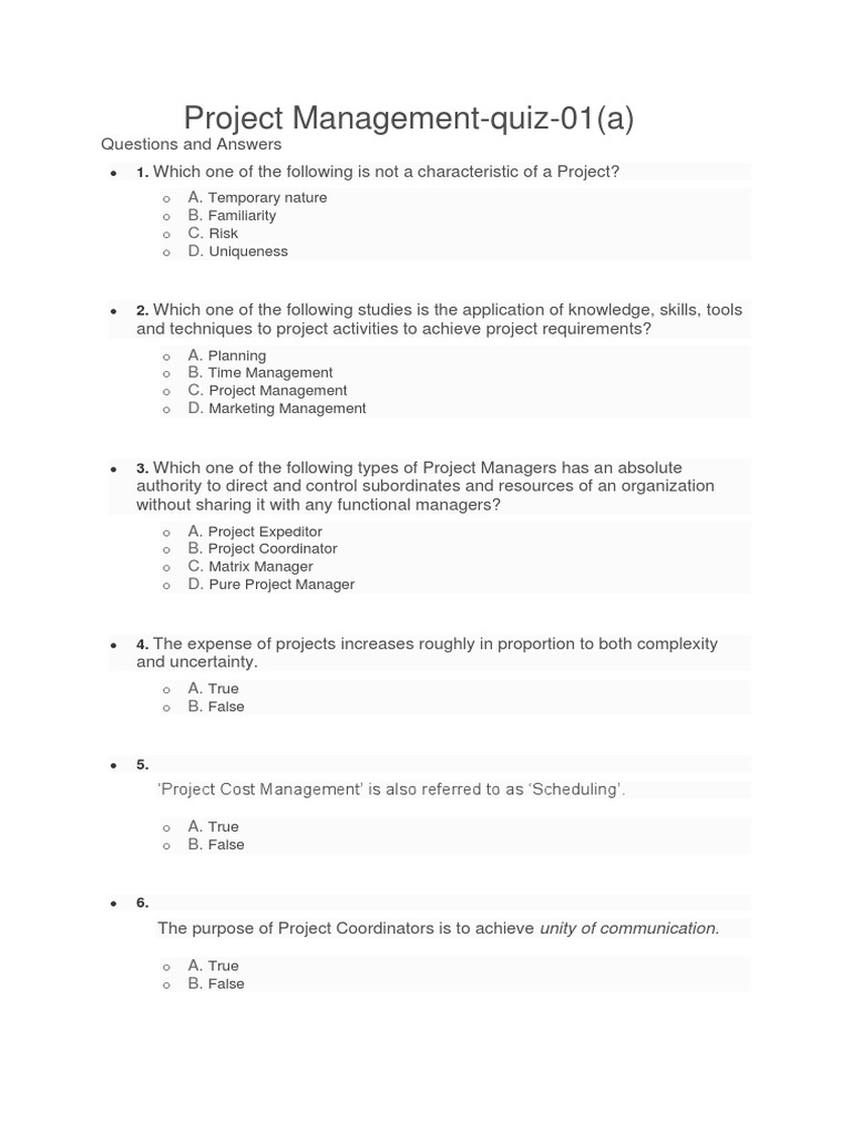 Project Management-Quiz-01 (A) | PDF