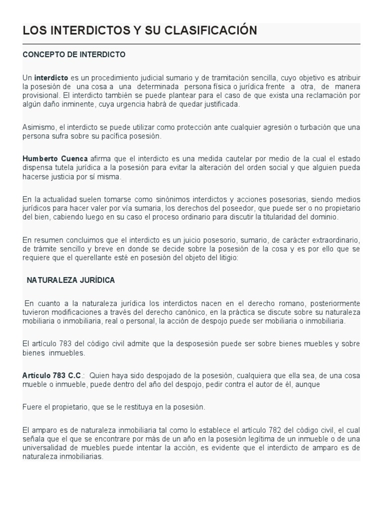 Los Interdictos y Su Clasificación | PDF | Posesión (Ley) | Propiedad