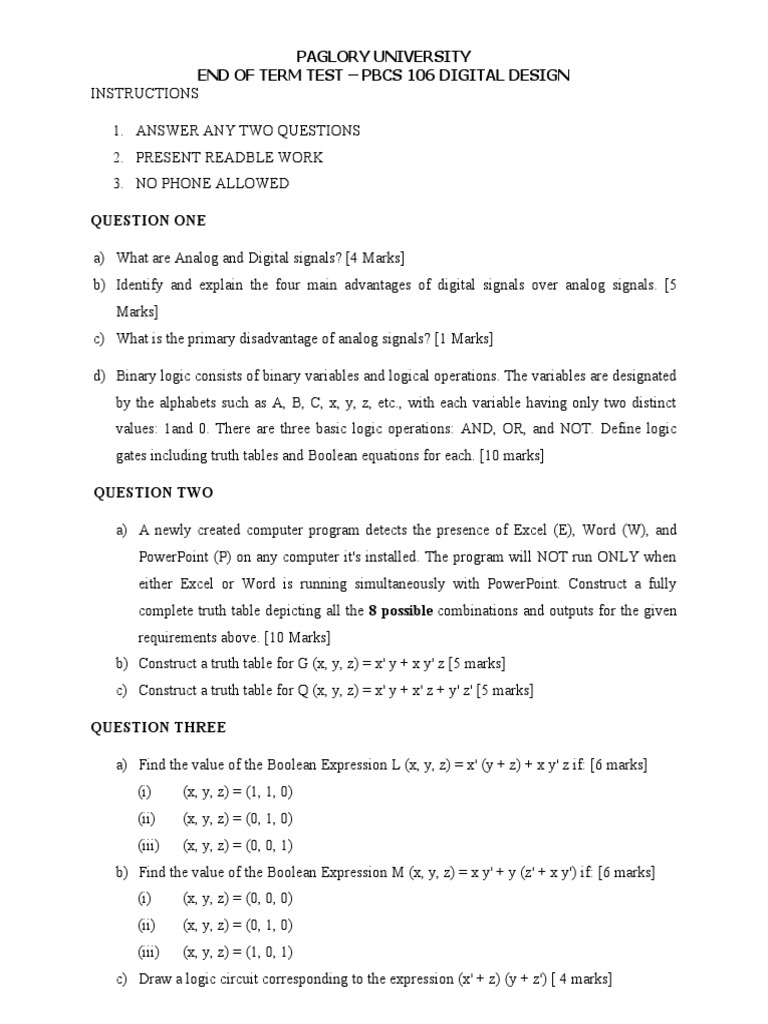 Paglory University End of Term Test - Pbcs 106 Digital Design | PDF
