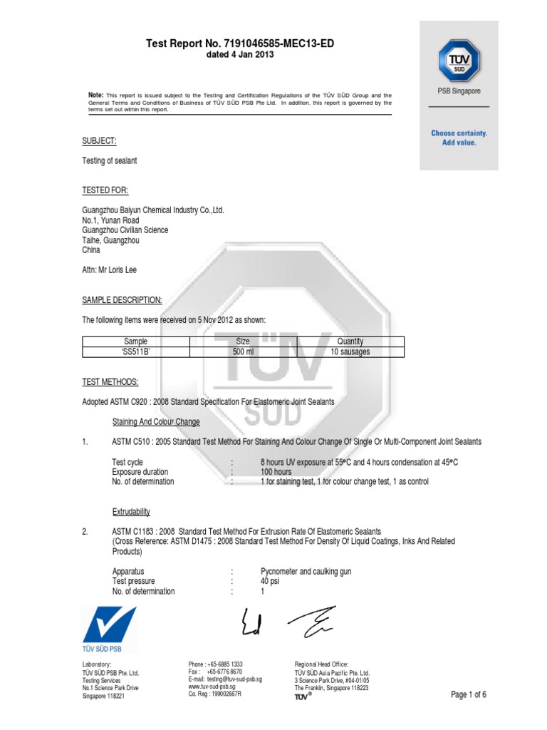 Sealant Test Report for SS511B | PDF | Technology & Engineering