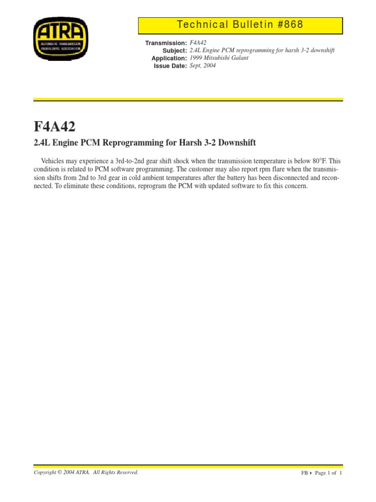 Technical Bulletin #868: 2.4L Engine PCM Reprogramming For Harsh 3-2 ...
