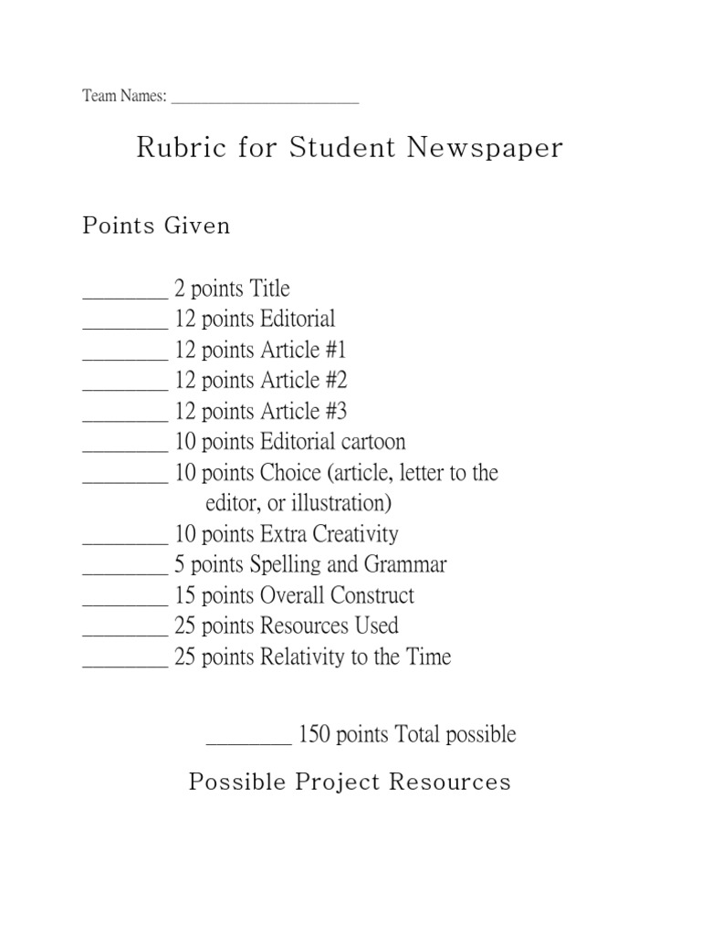 Student Newspaper Evaluation Rubric | PDF | Career & Growth | Art