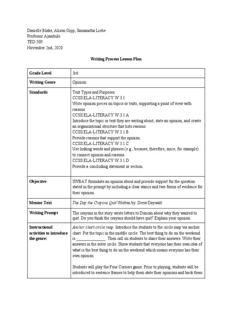 3rd Grade Opinion Writing Lesson Plan | PDF | Lesson Plan | Behavior ...