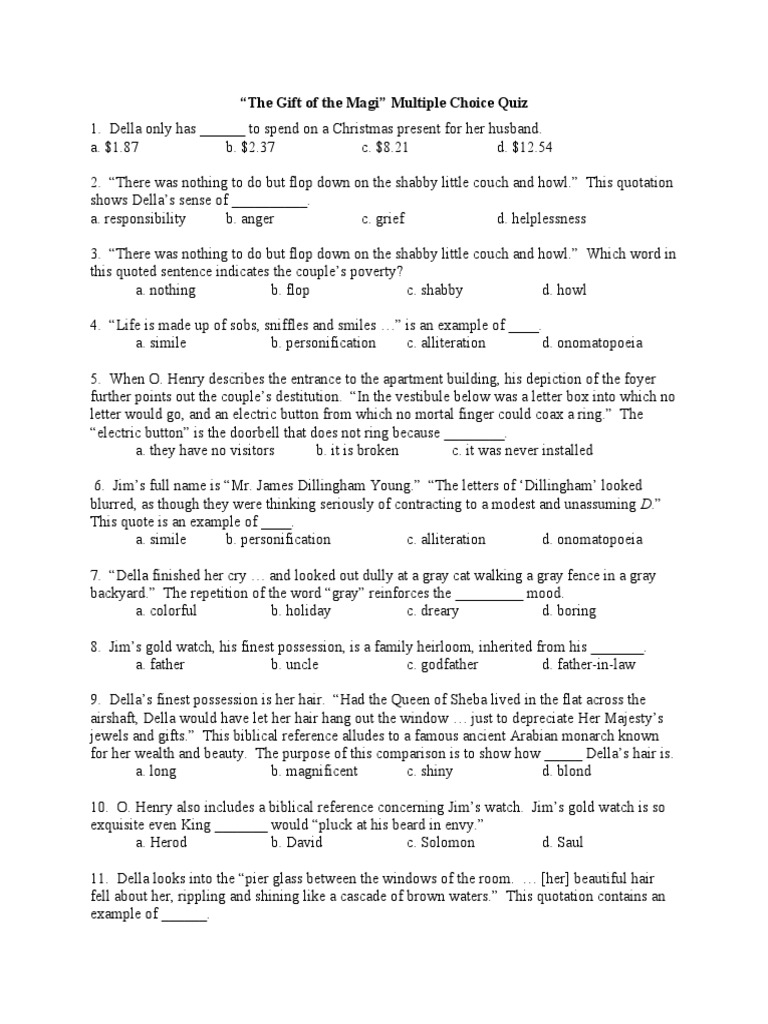 The Gift of The Magi Multiple Choice | PDF | Biblical Magi