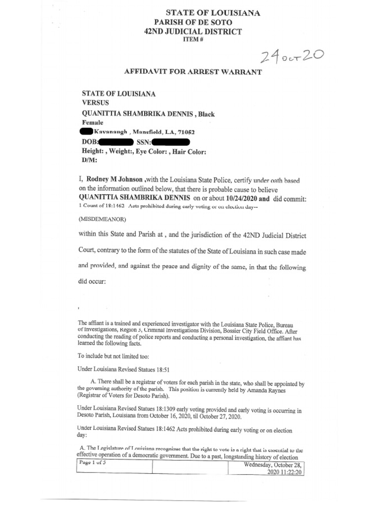Affidavit and Warrant For Breka Peoples' Arrest Over The Events of Oct ...