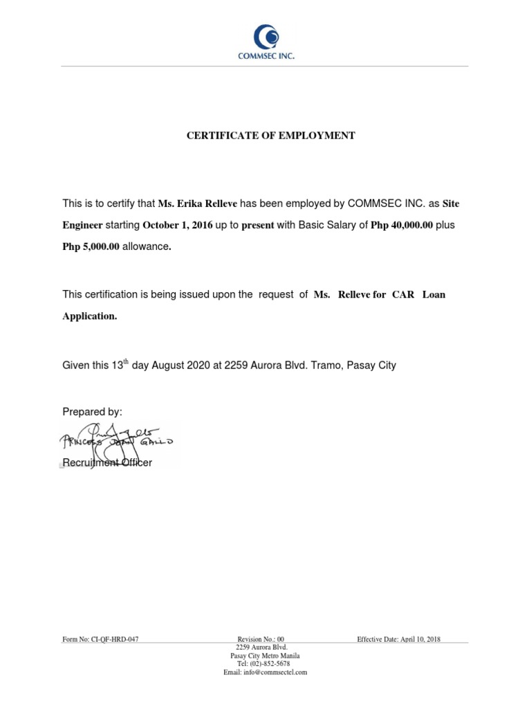 Erika Relleve COE PDF | PDF