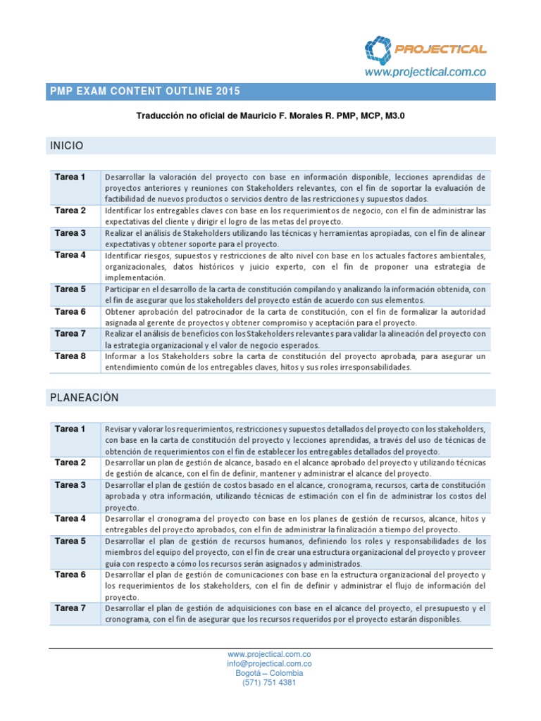 PMP Exam Content Outline 2015 - Español | PDF | Gestión de riesgos ...