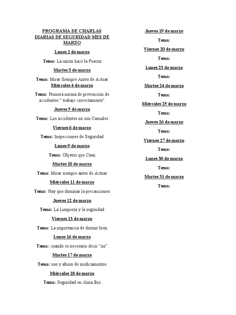 Programa de Charlas Diarias de Seguridad Mes de Marzo | PDF