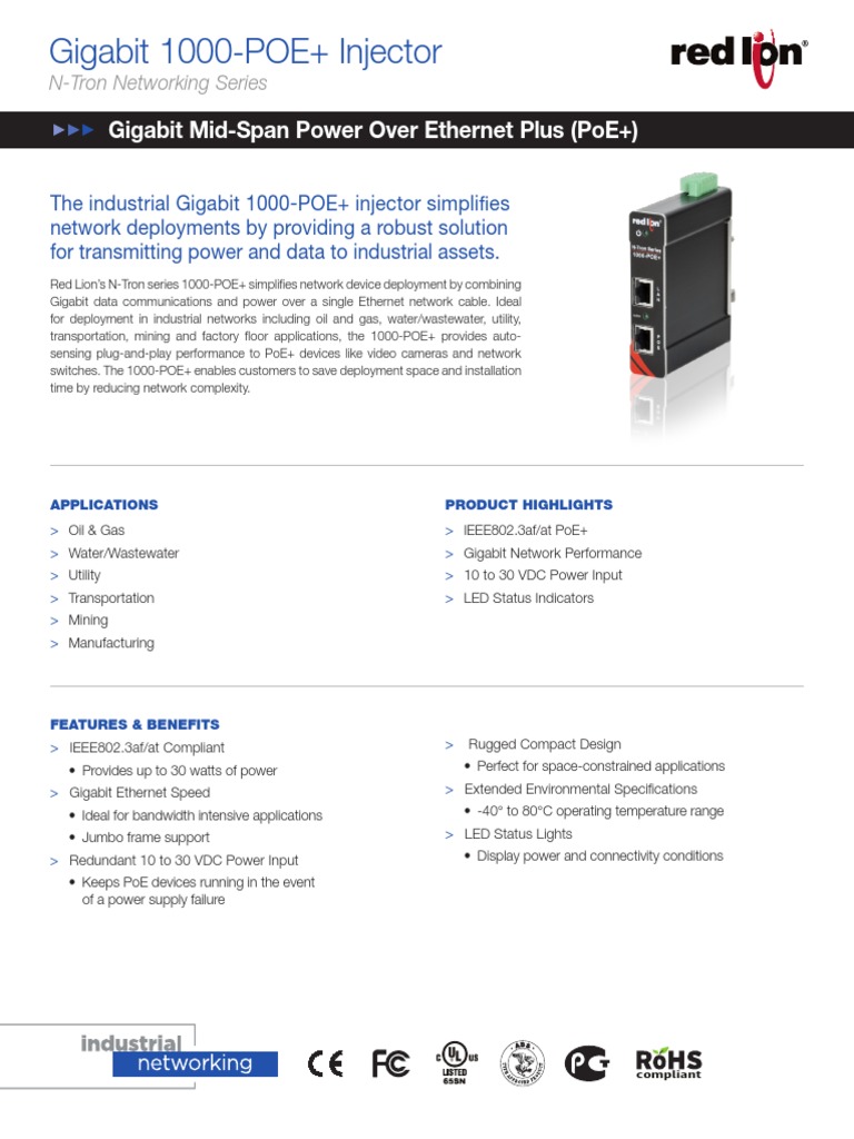 7.0 Gigabit 1000-POE+ Injector Data Sheet - 0 | PDF | Physical Layer ...