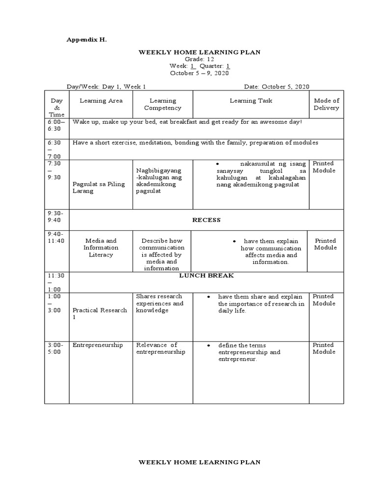 Appendix H. Weekly Home Learning Plan | PDF | Entrepreneurship | Learning