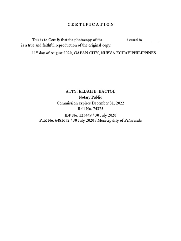 Certified True Copy Certification Template | PDF | Home & Garden