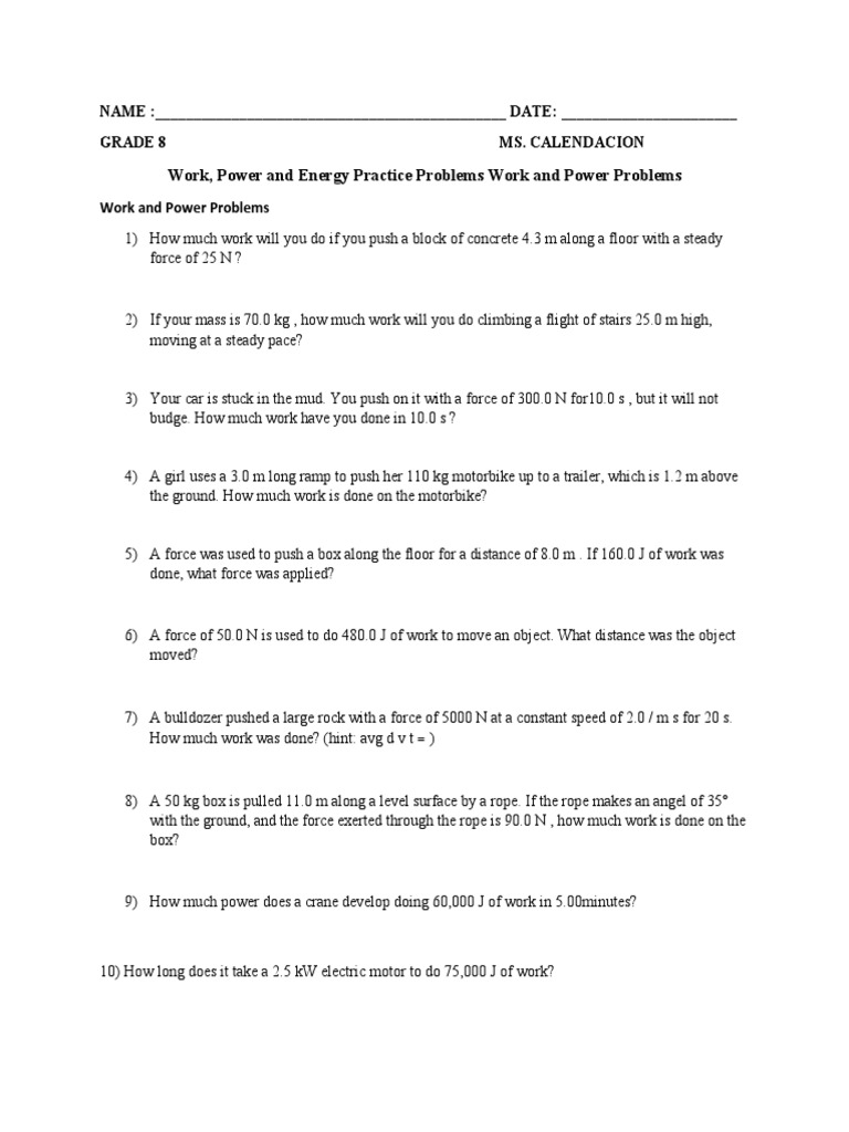 Work, Power and Energy Practice Problems Work and Power Problems | PDF ...
