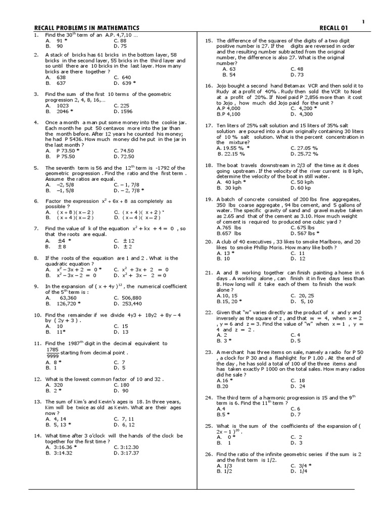 Recall Problems in Mathematics | PDF | Area | Circle