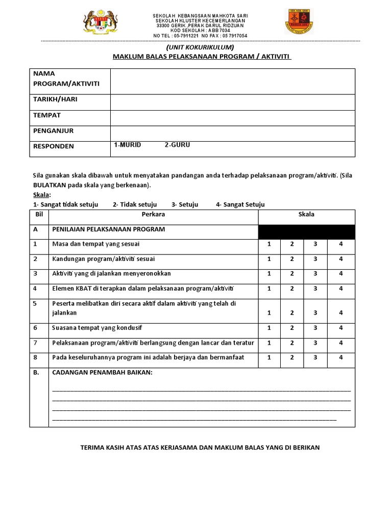 Format Maklumbalas Pelaksanaan Program | PDF