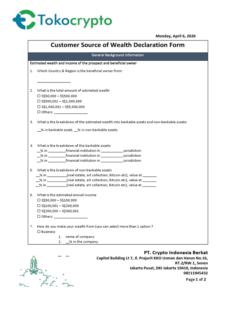 Toyocrypto Customer Source of Wealth Declaration Form PDF | PDF ...
